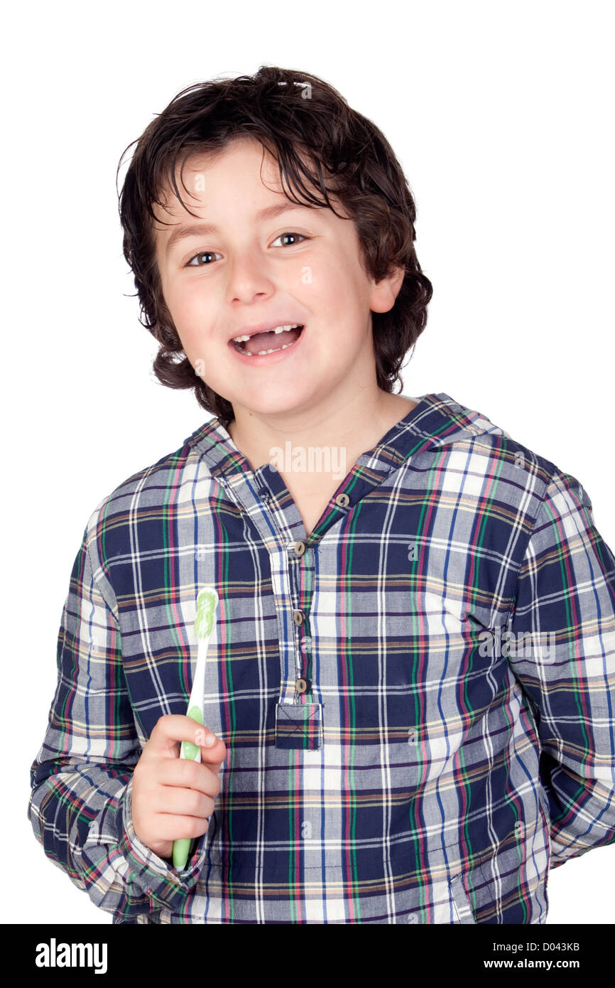Smiling child without a toothbrush isolated on white background Stock ...