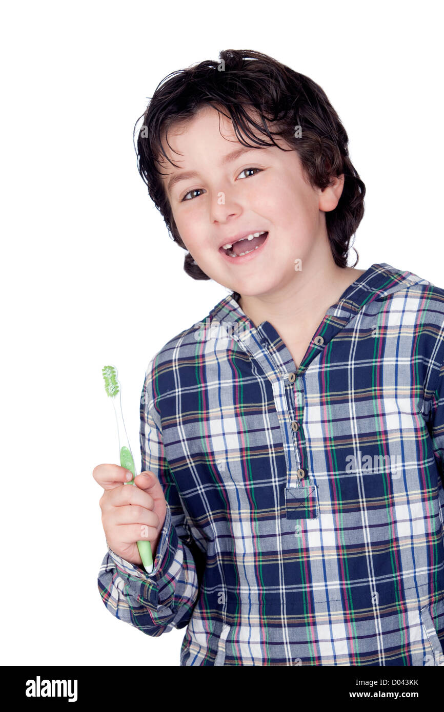 Smiling child without a toothbrush isolated on white background Stock ...