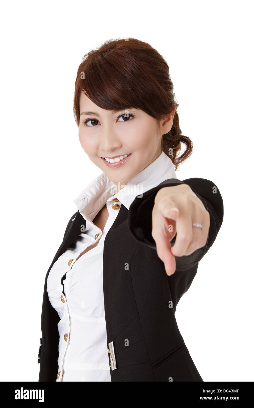 Friendly business woman point you and want you, half length closeup ...