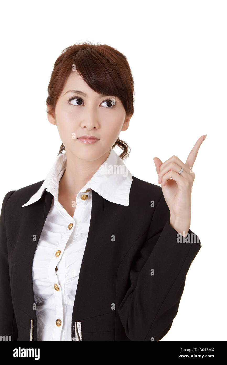 Business woman thinking and pointing, half length closeup portrait on ...