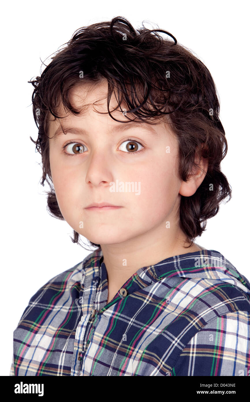 Scared child with plaid t-shirt isolated on white background Stock ...