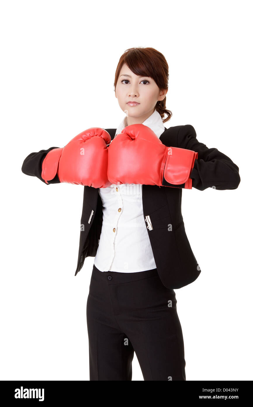 Business woman fighting, half length closeup portrait on white ...