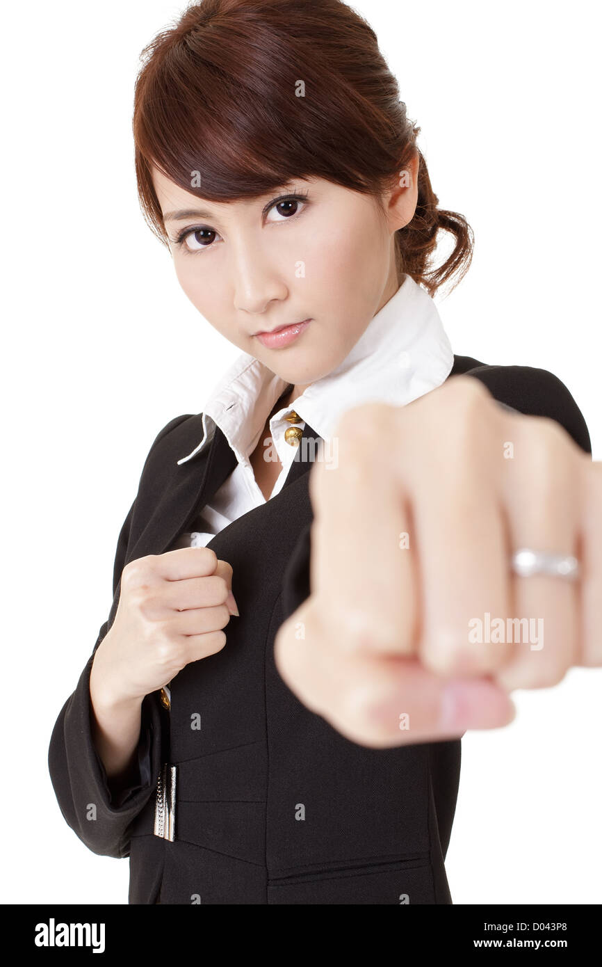Business woman fighting, half length closeup portrait on white ...
