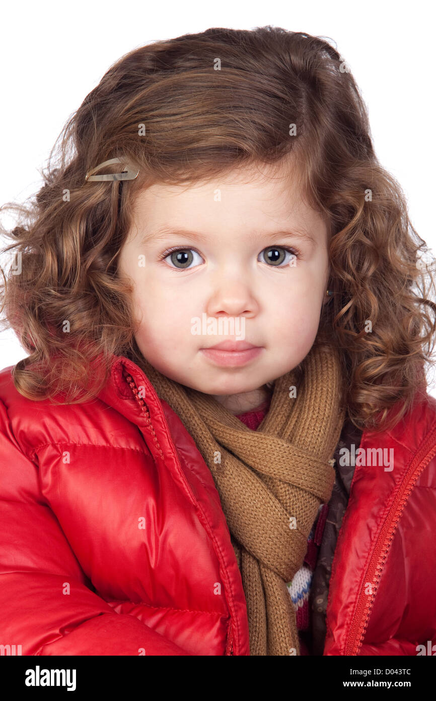 Beautiful baby girl with red coat isolated over white background Stock ...