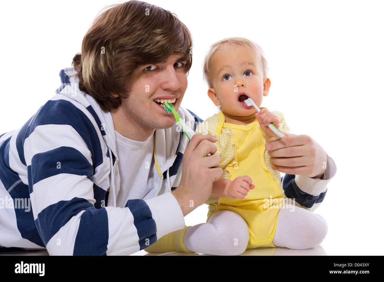 Father teaching baby brushing teeth isolated on white Stock Photo - Alamy