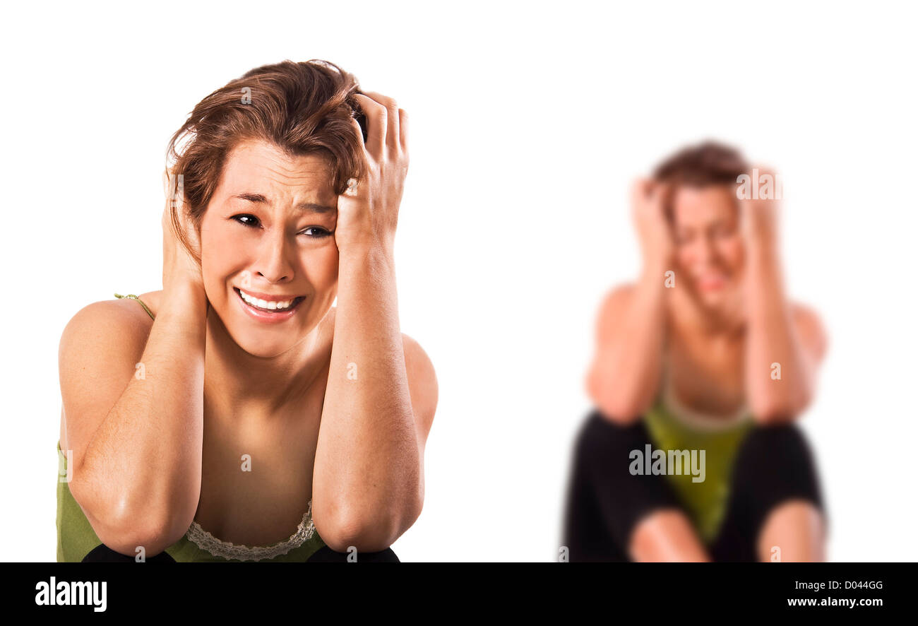 Desperate depressed young woman on white background Stock Photo - Alamy