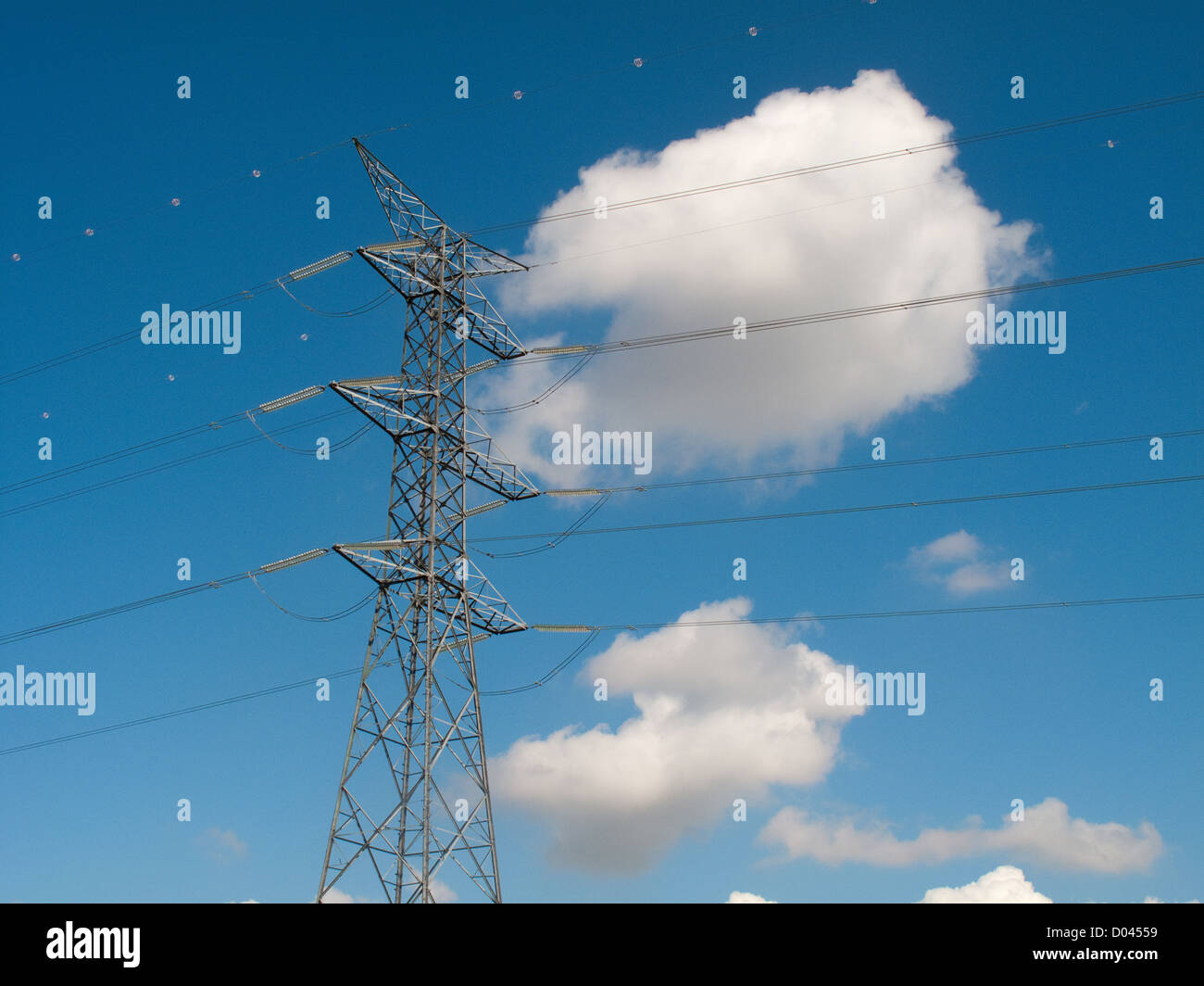 Power lines under a pretty blue sky Stock Photo - Alamy