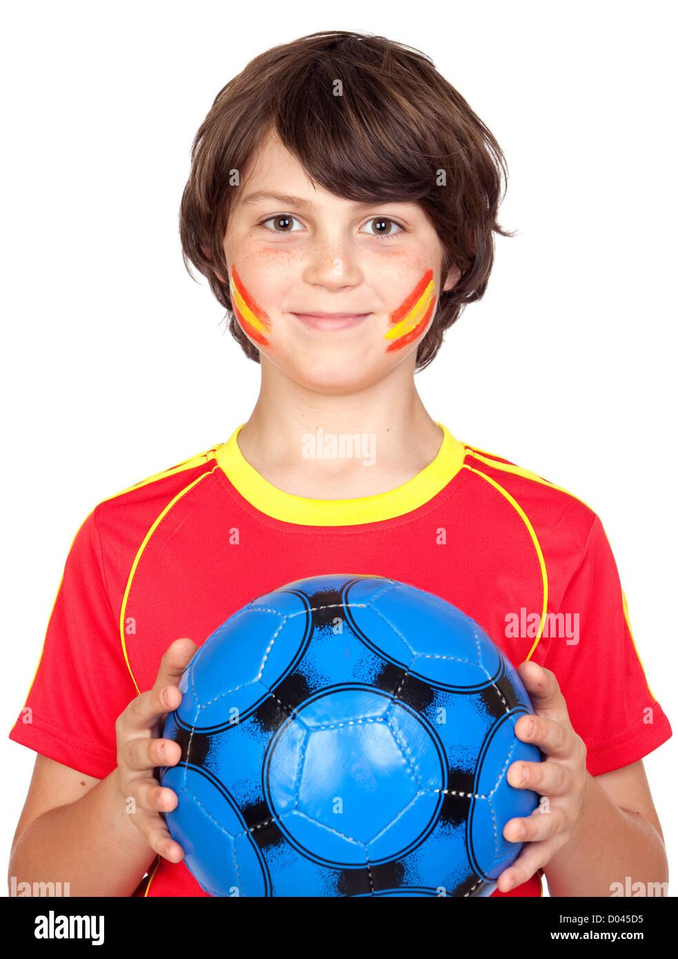 Smiling child fan of the Spanish team isolated on white background ...