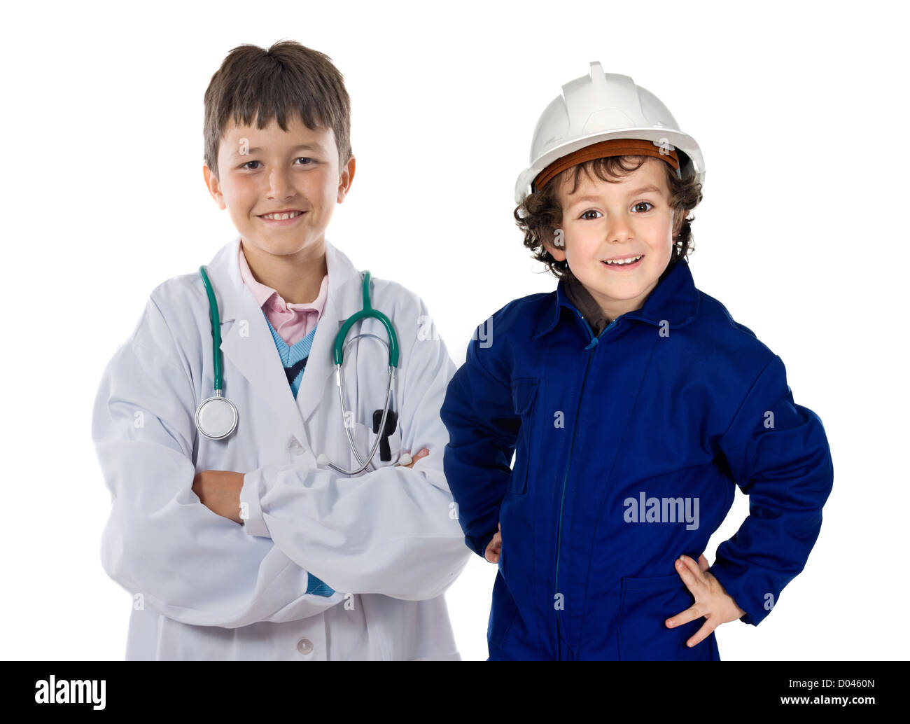 Two children with clothes of workers isolated on white background Stock ...
