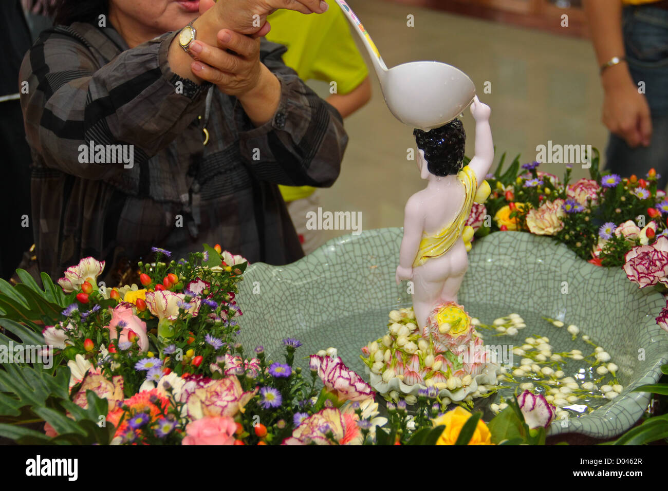 A lady is bathing the buddha statue with holy water during the buddha ...