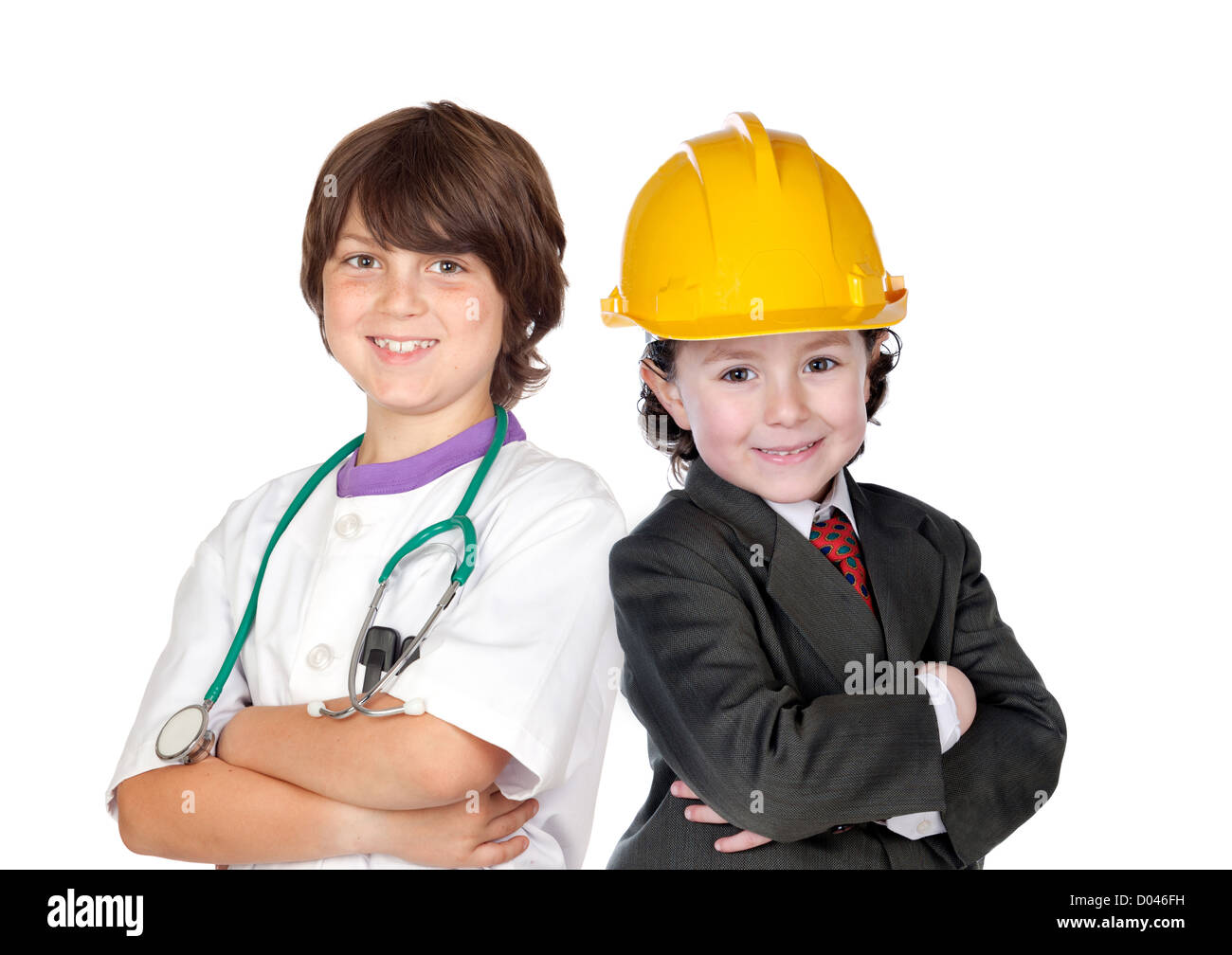 Two children with clothes of workers isolated on white background Stock ...