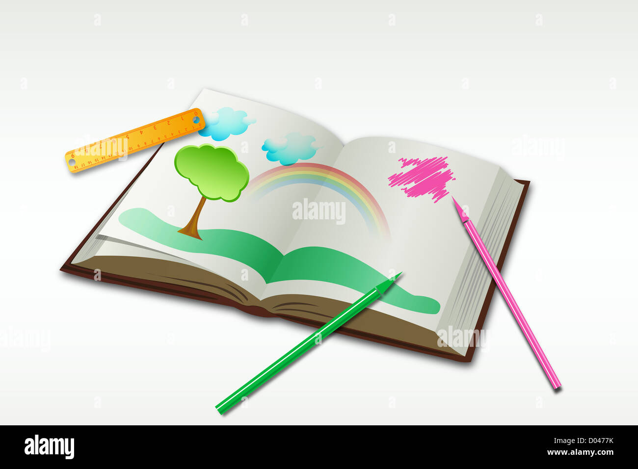 illustration of drawing book with sketch and natural view on white ...