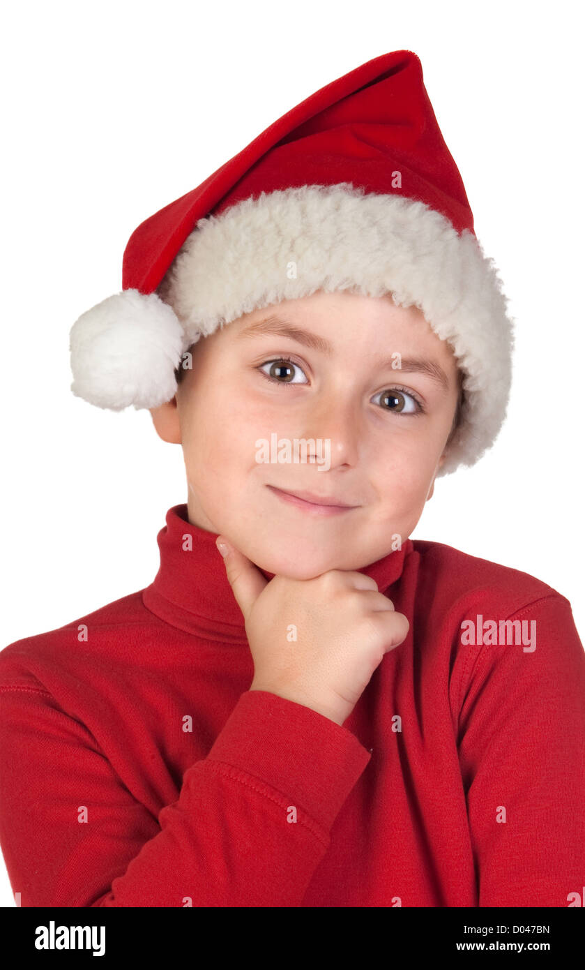 Adorable boy with santa hat isolated thinking on white background Stock ...