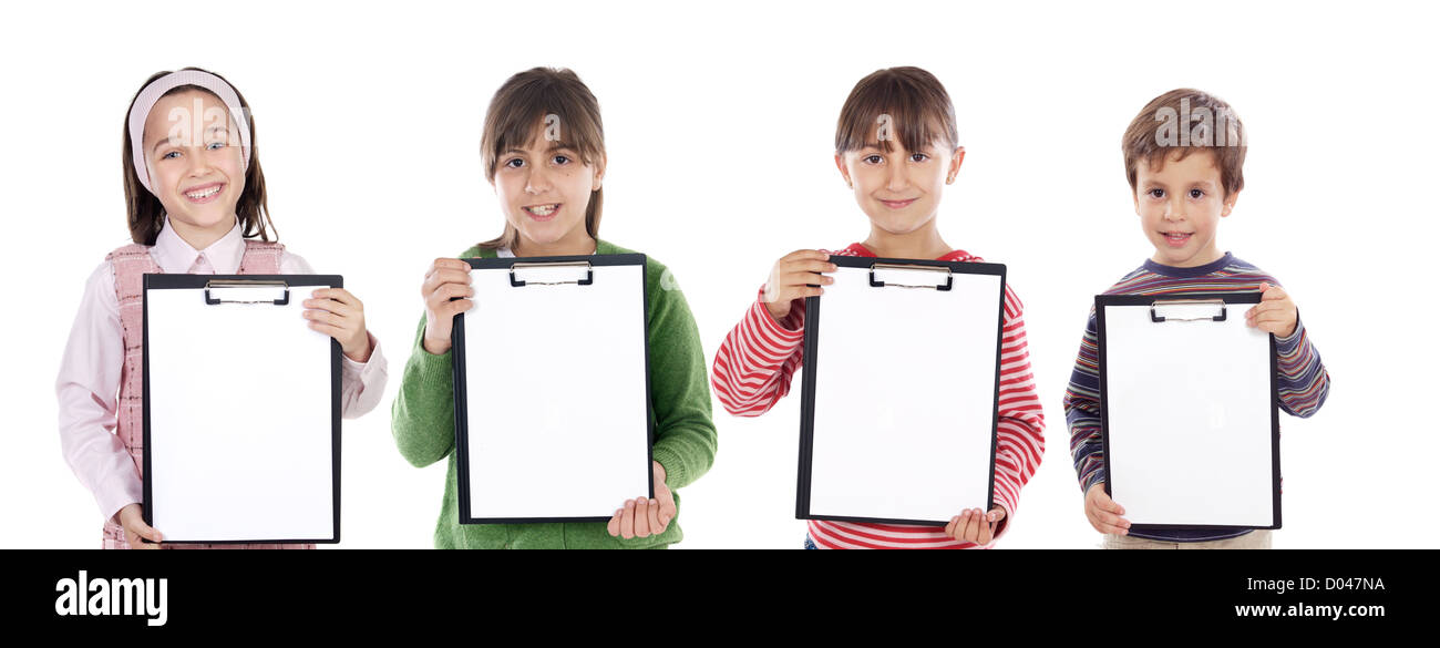 Four beautiful children student with notepad (you can put your text ...