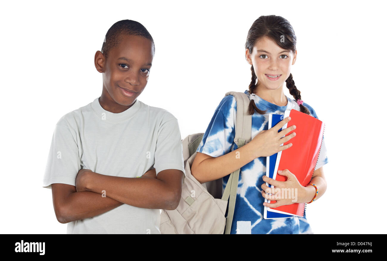 Two children students returning to school on a white background Stock ...