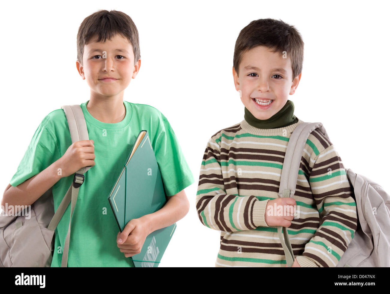 Two children students returning to school on a white background Stock ...