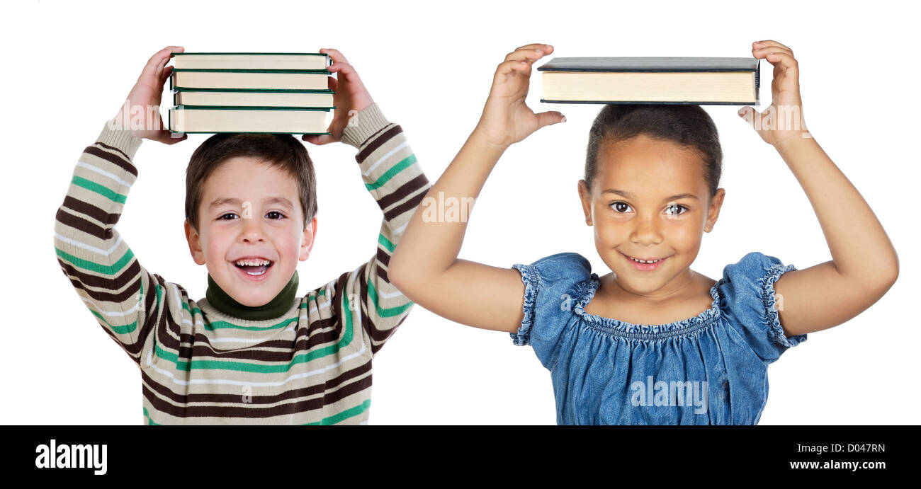 Adorable child with many books on the head isolated over white Stock ...