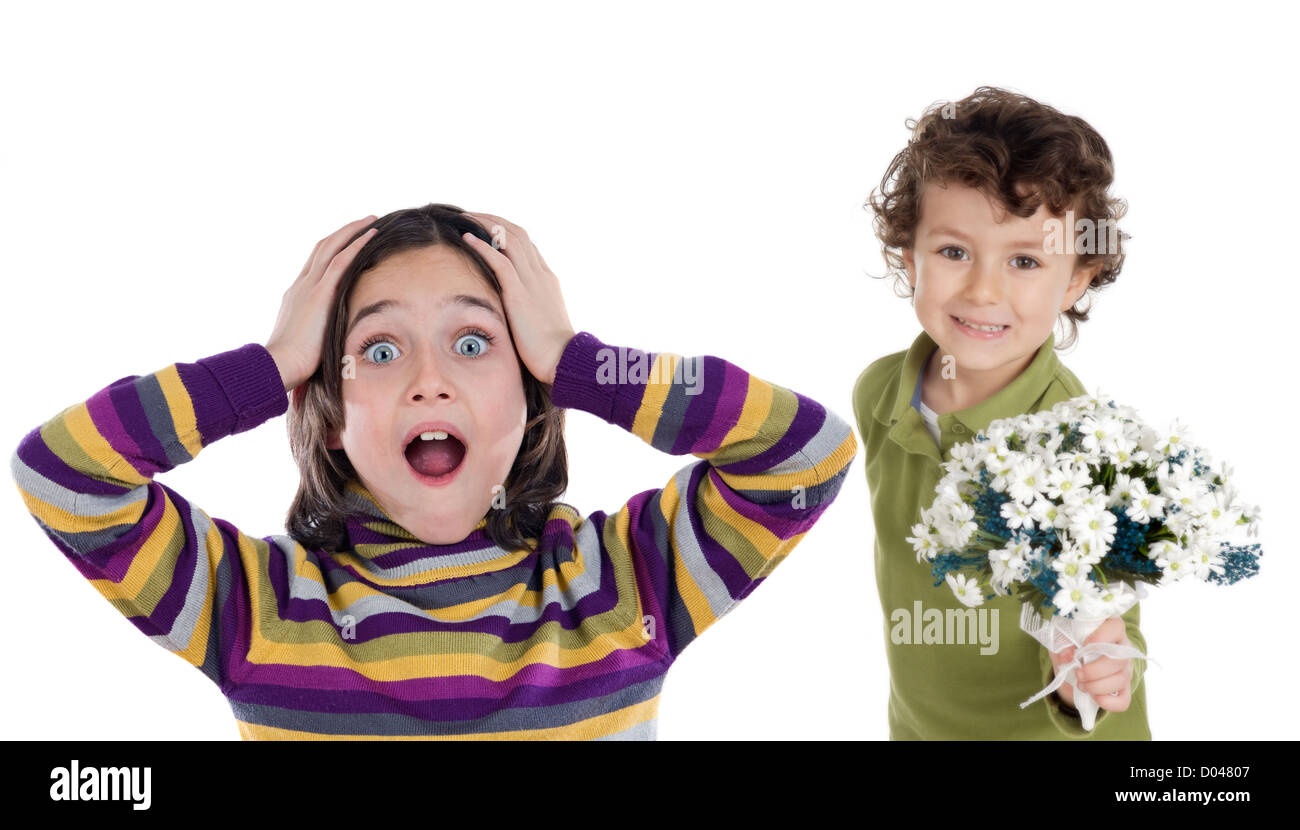 Child offering a bouquet of flowers to a surprised girl Stock Photo - Alamy