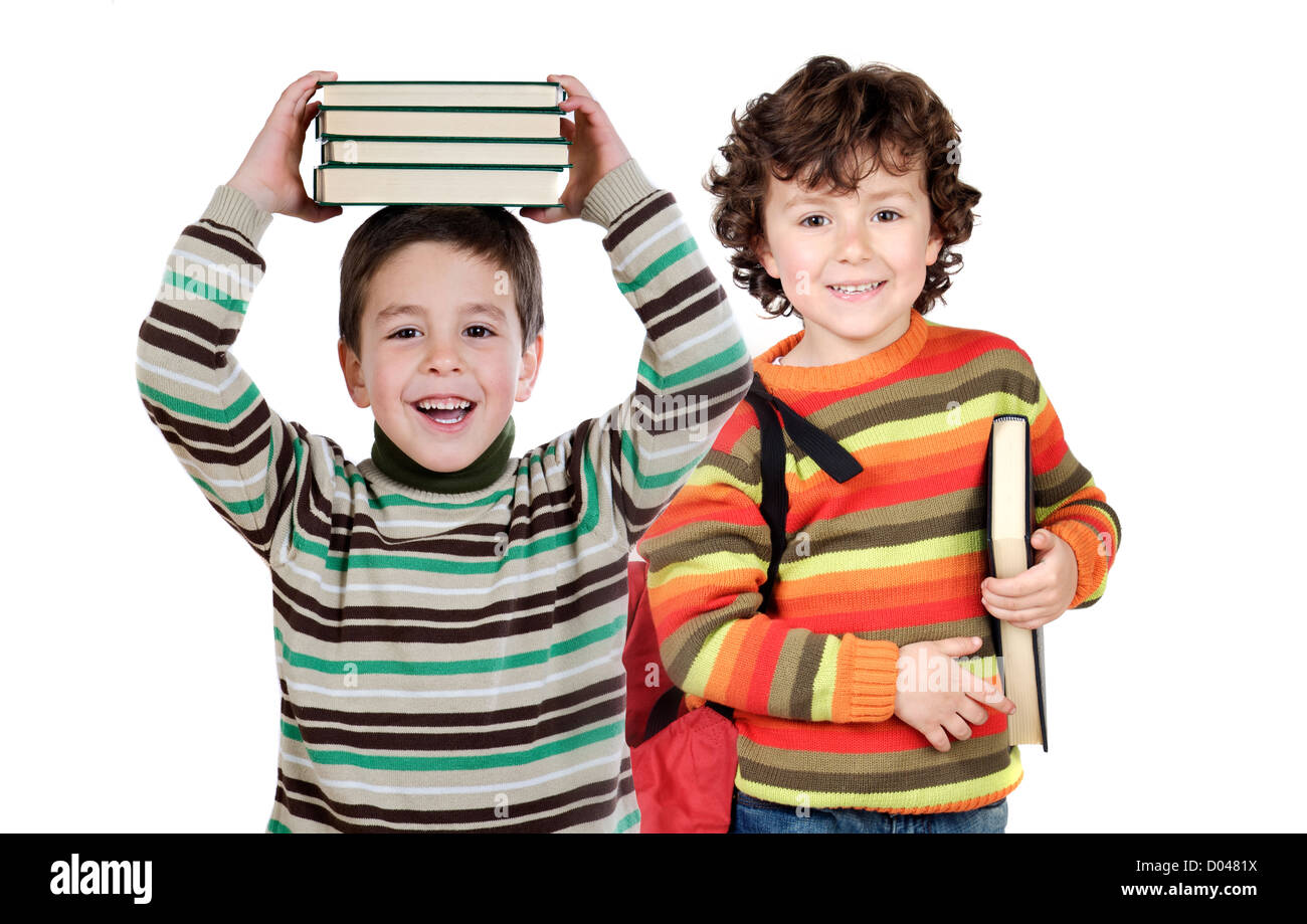 Two children students returning to school on a white background Stock ...