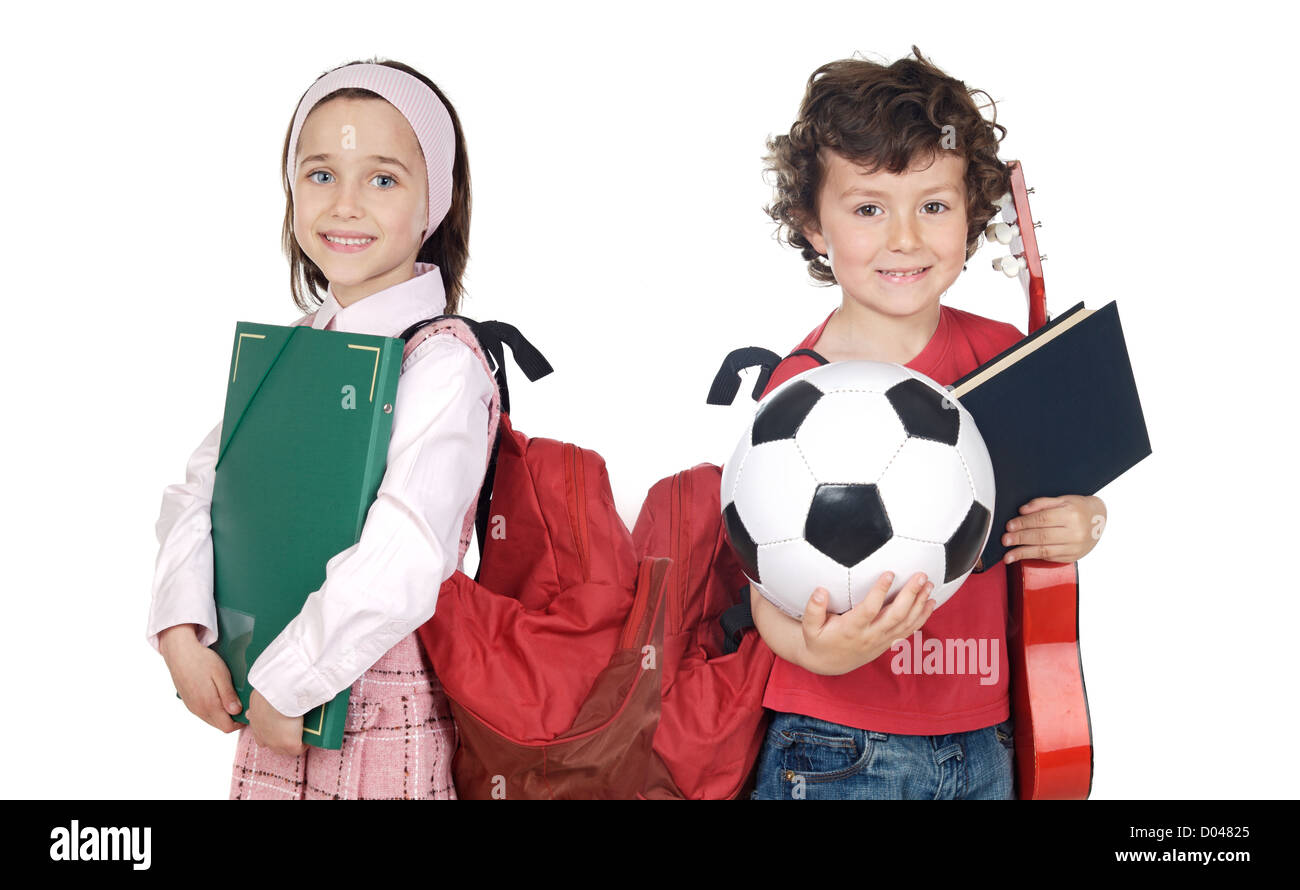 Two children students returning to school on a white background Stock ...