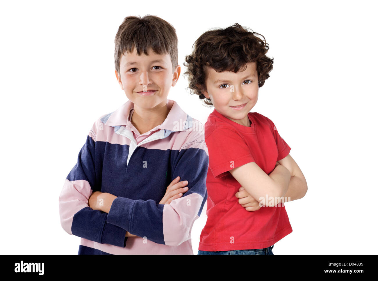 Two children smiling on a over white background Stock Photo - Alamy