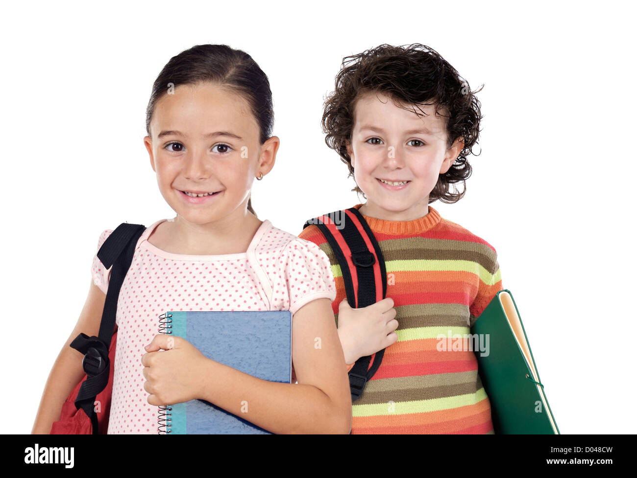 Two children students returning to school on a white background Stock ...