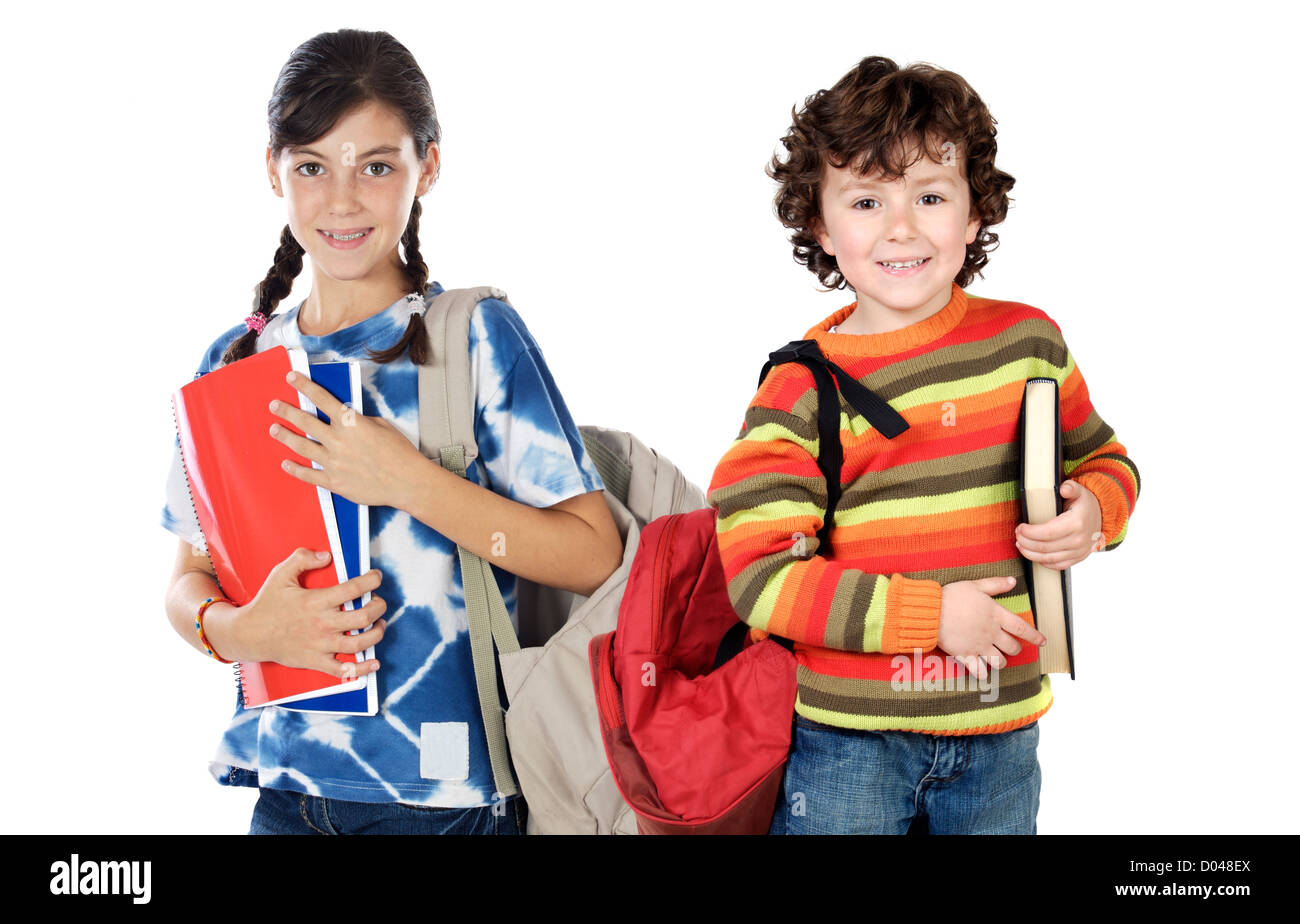 Two children students returning to school on a white background Stock ...