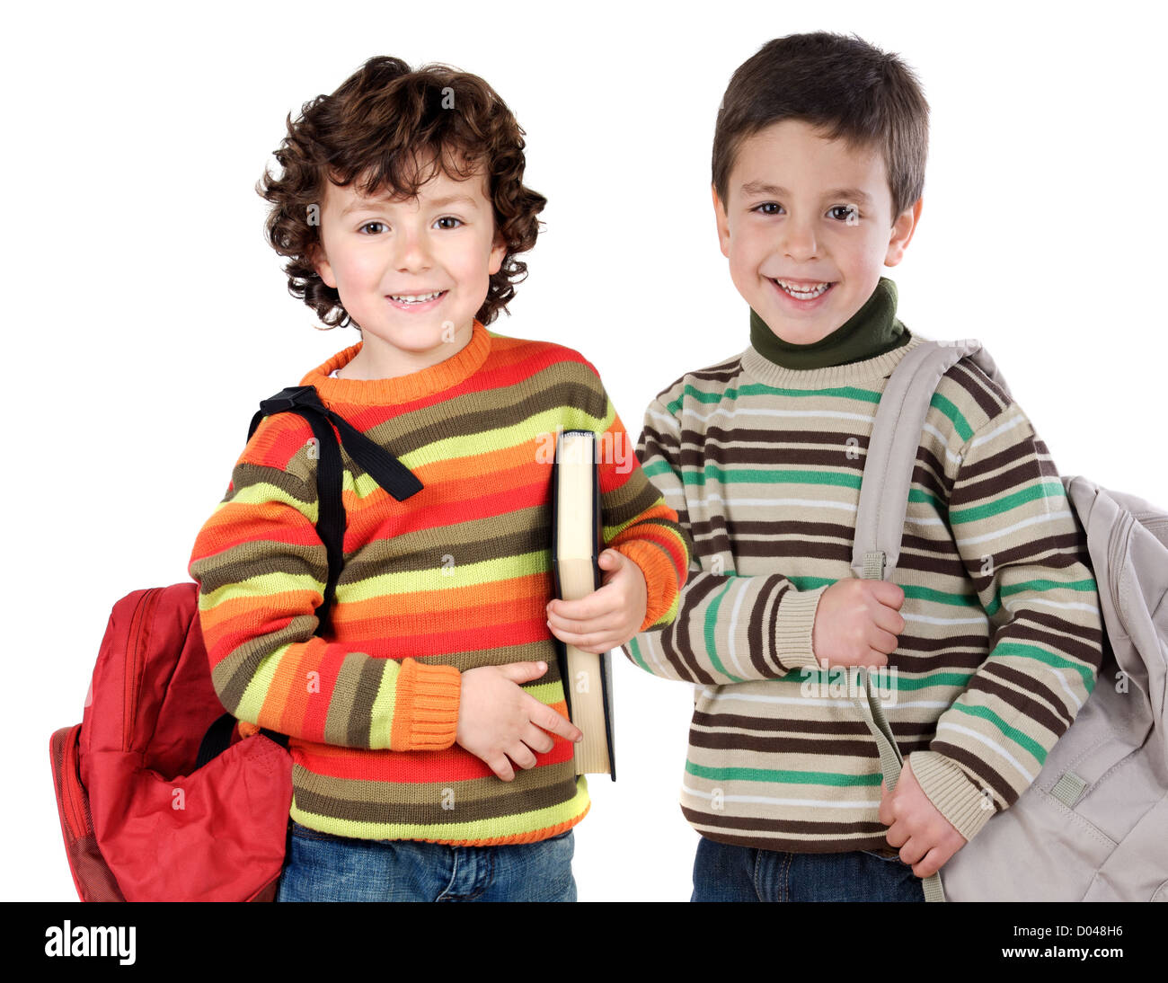 Two children students returning to school on a white background Stock ...