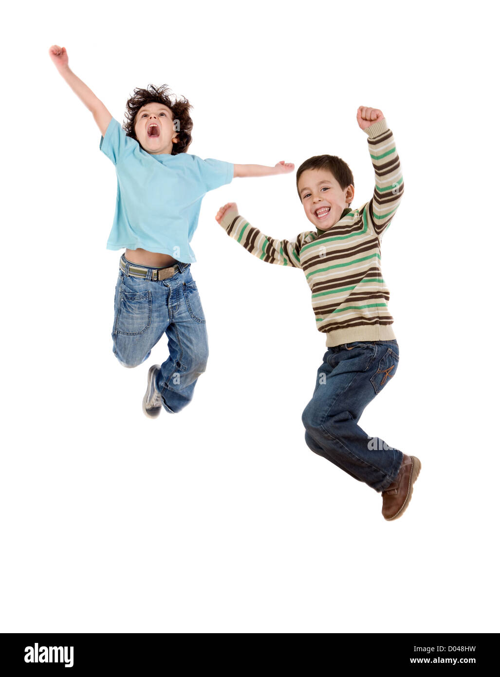 Two happy children jumping at once on a white background Stock Photo ...