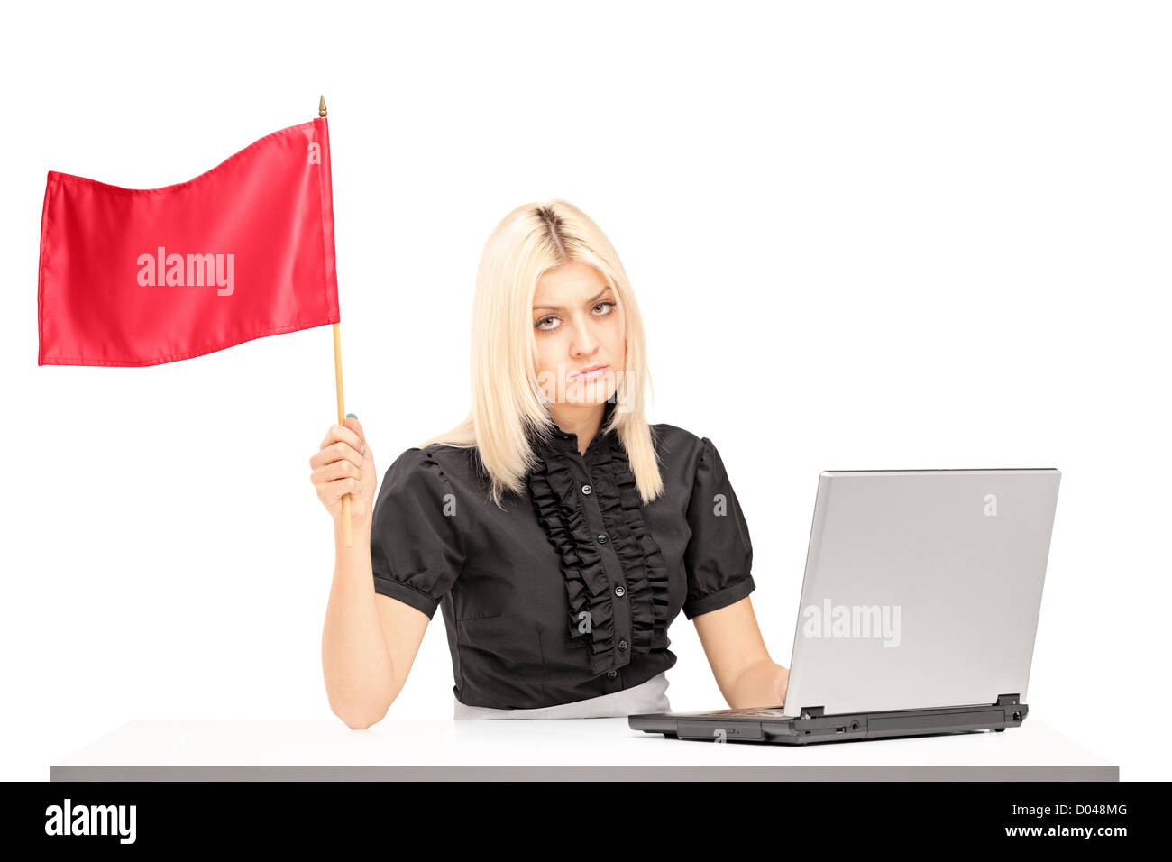 Sad female office worker waving a red flag gesturing defeat isolated on ...