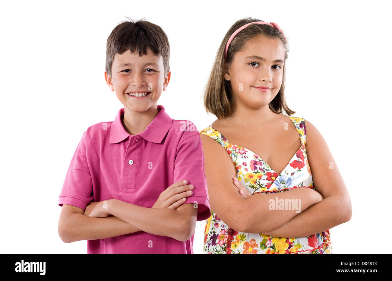 Two children smiling on a over white background Stock Photo - Alamy