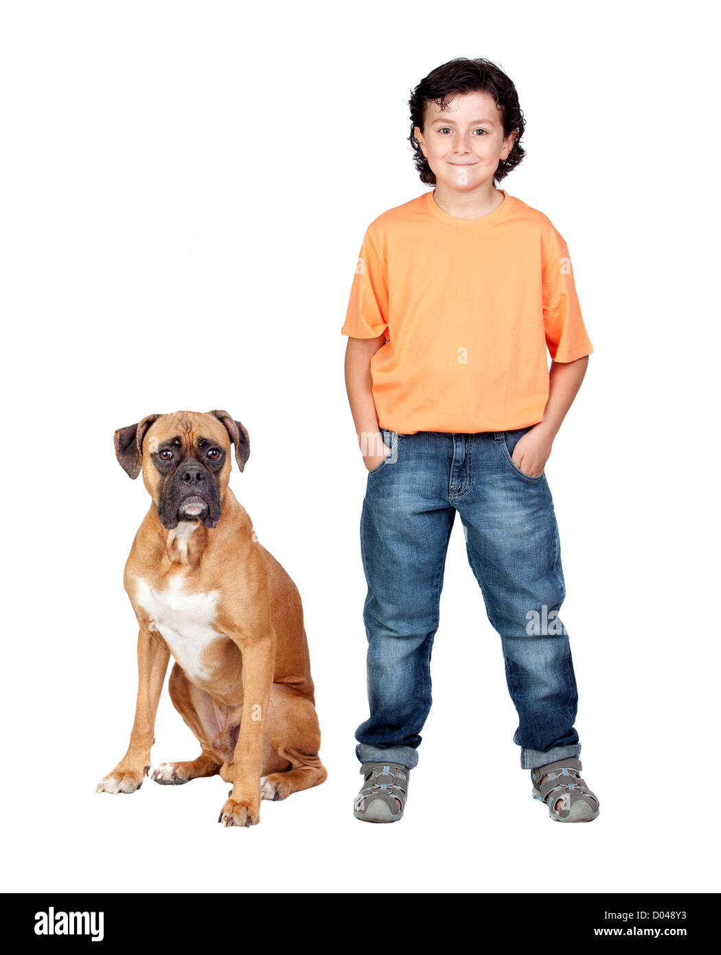 Adorable boy and his dog isolated on white background Stock Photo - Alamy