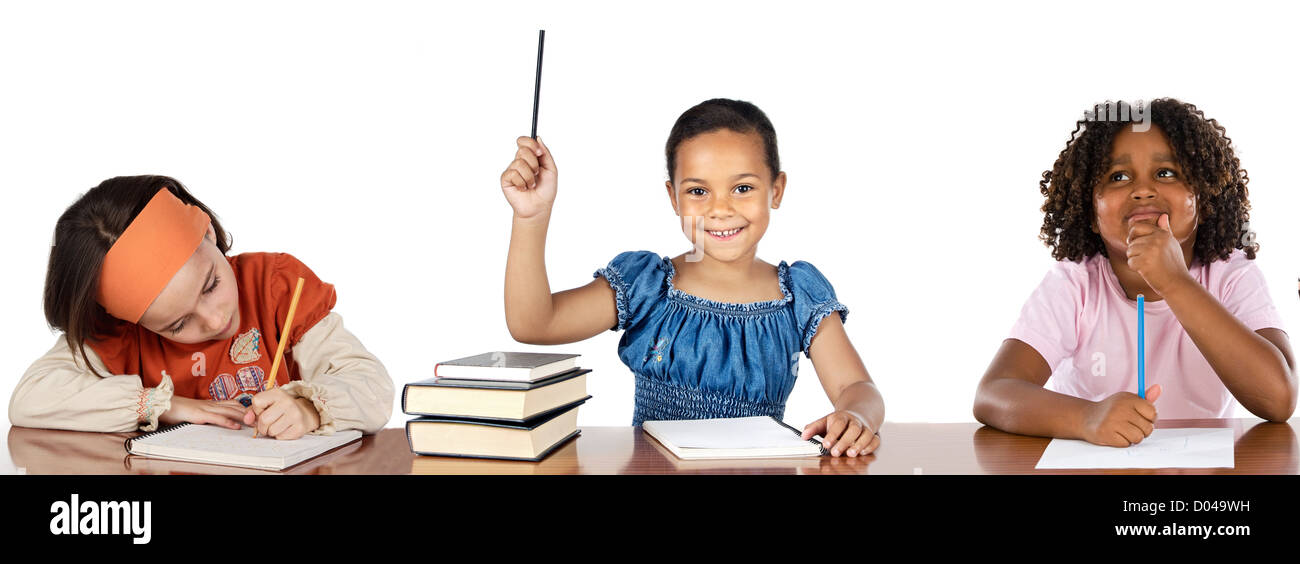 Three adorable students in class on a over white background Stock Photo ...