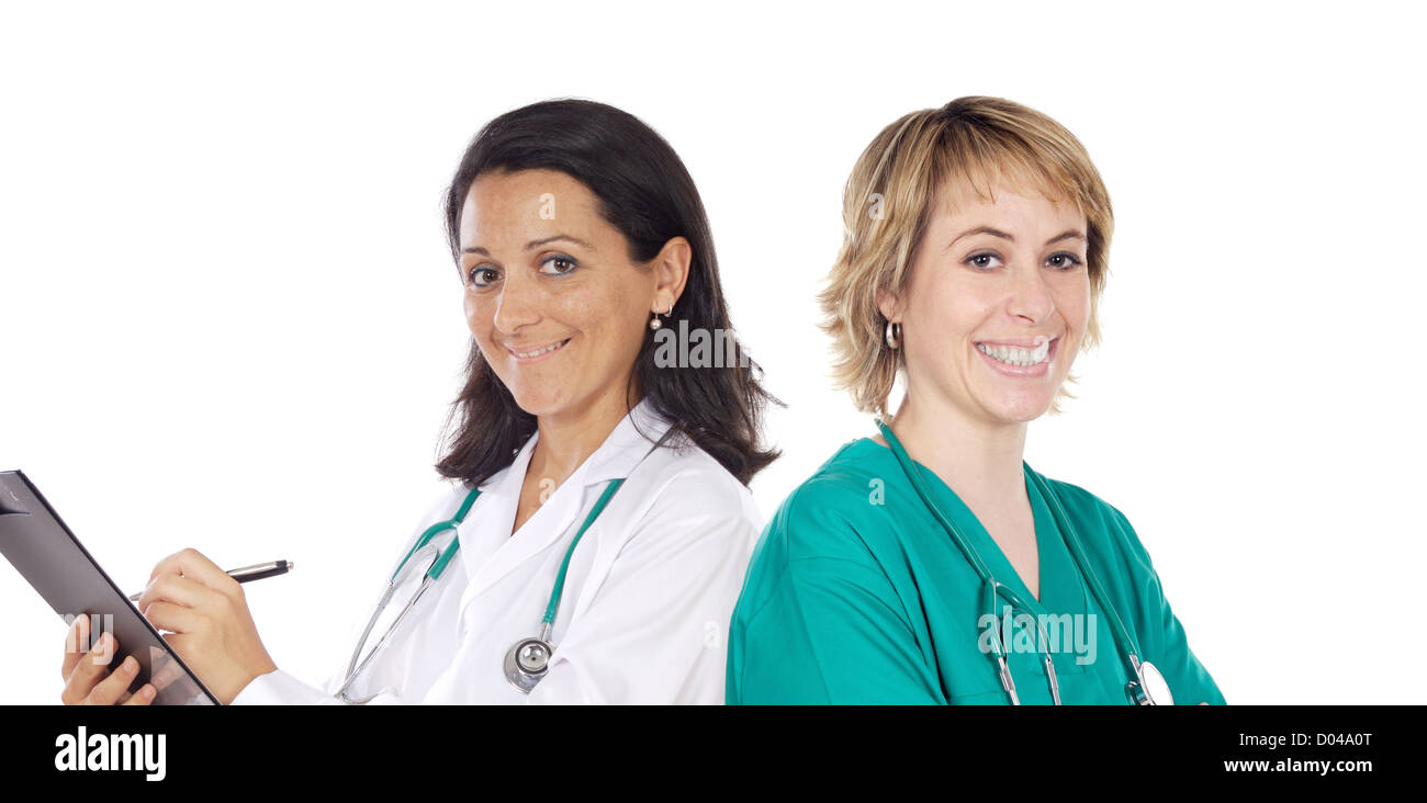 Couple of doctors woman a over white background Stock Photo - Alamy