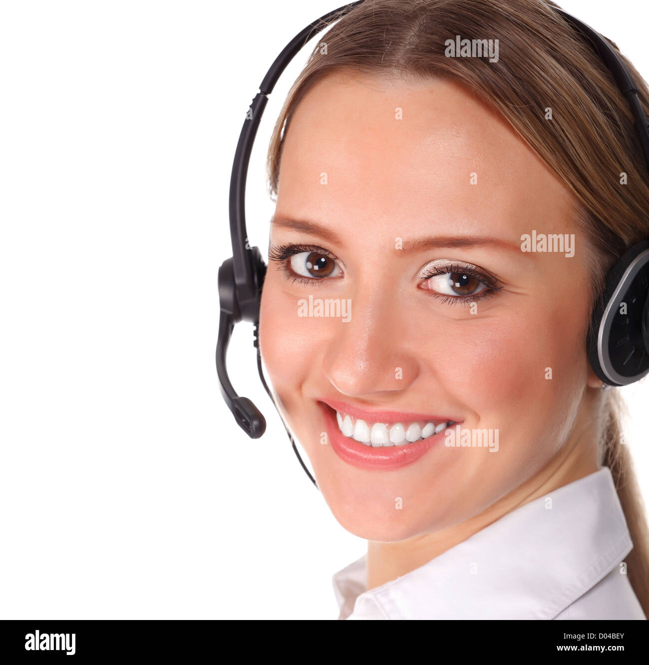 smiling cheerful support phone operator in headset, isolated on white background Stock Photo - Alamy