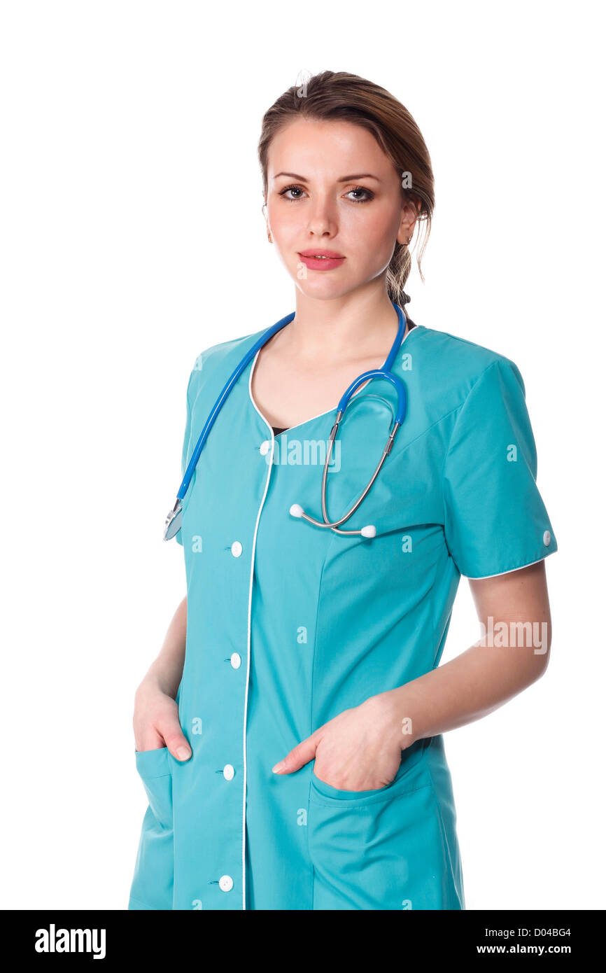 Woman doctor posing against white background Stock Photo - Alamy
