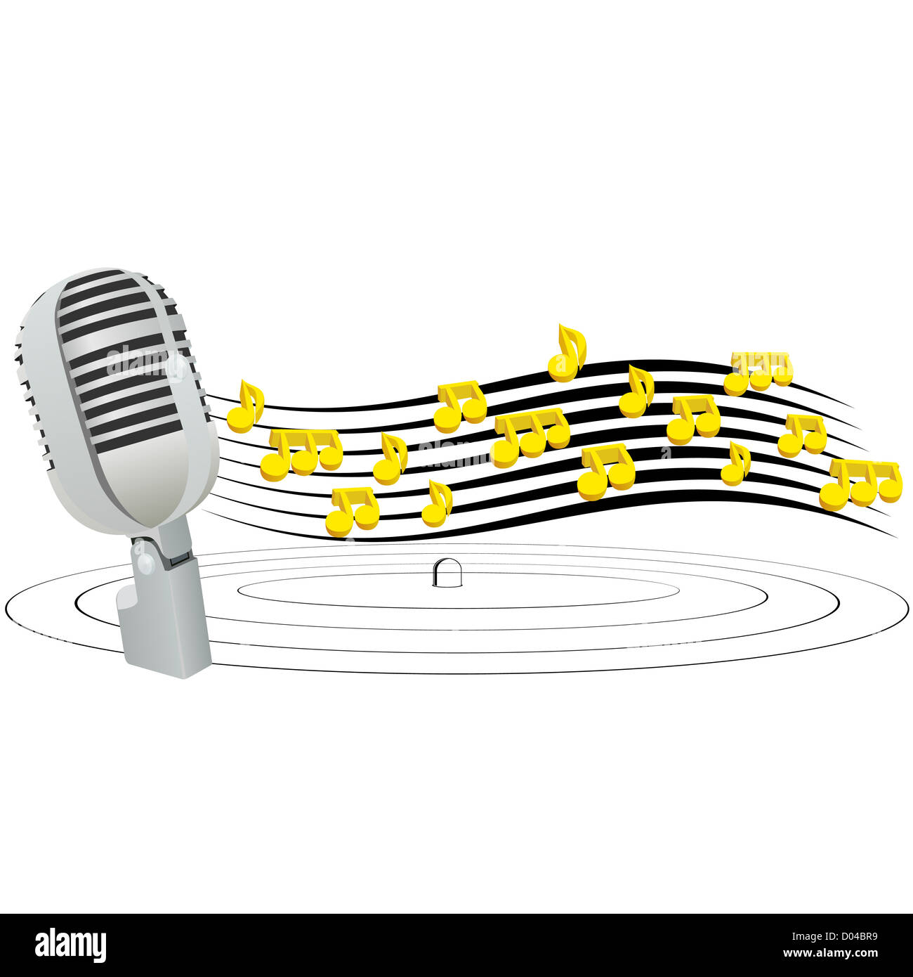 Old microphone and music notes. An illustration on a white background ...