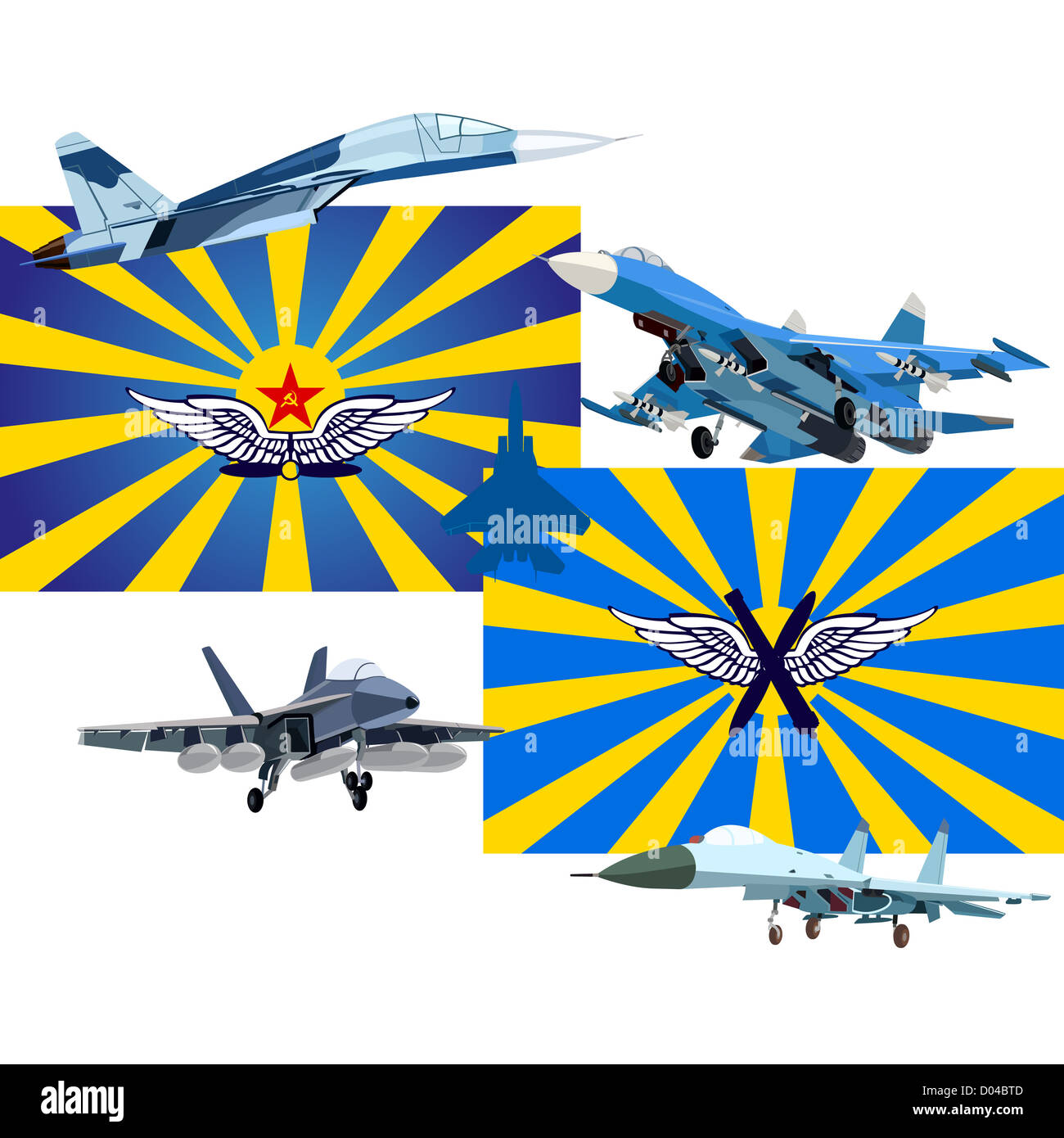 The modern military plane against flags of the USSR and Russia. An ...
