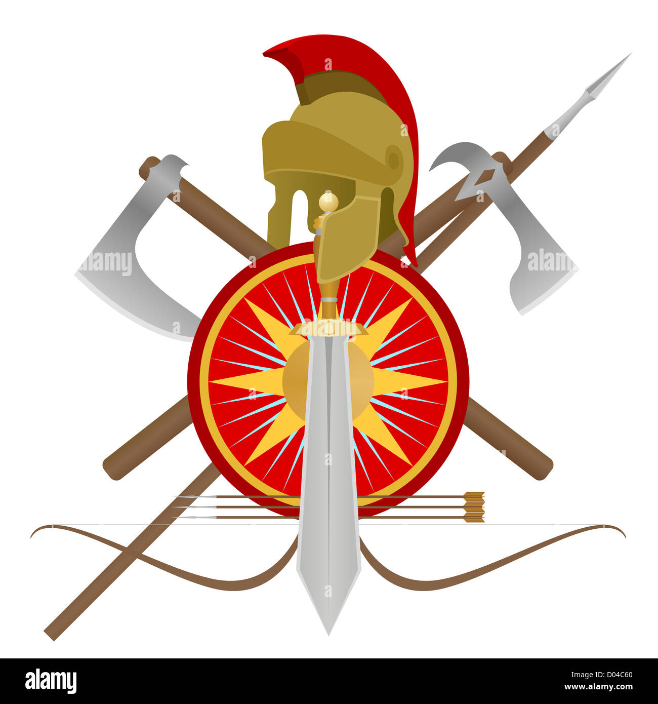 Weapon and armor of the ancient soldier. An illustration on a white ...