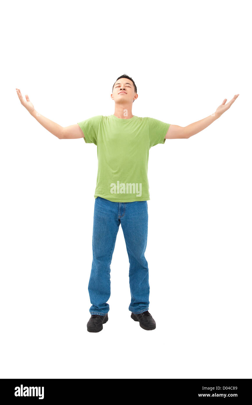 full length young man with raise hand Stock Photo - Alamy