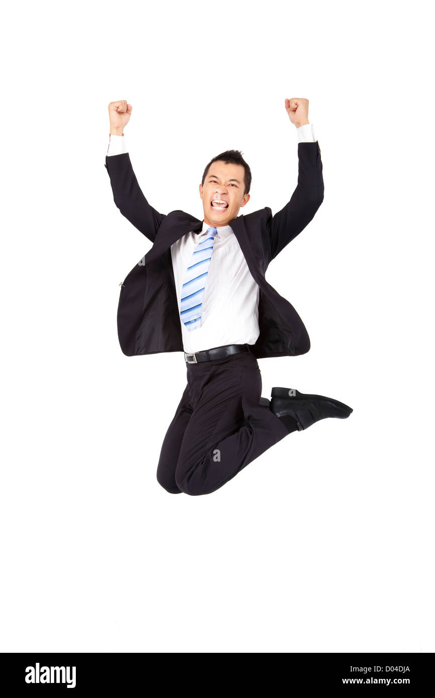 happy businessman jumping and isolated on white background Stock Photo ...
