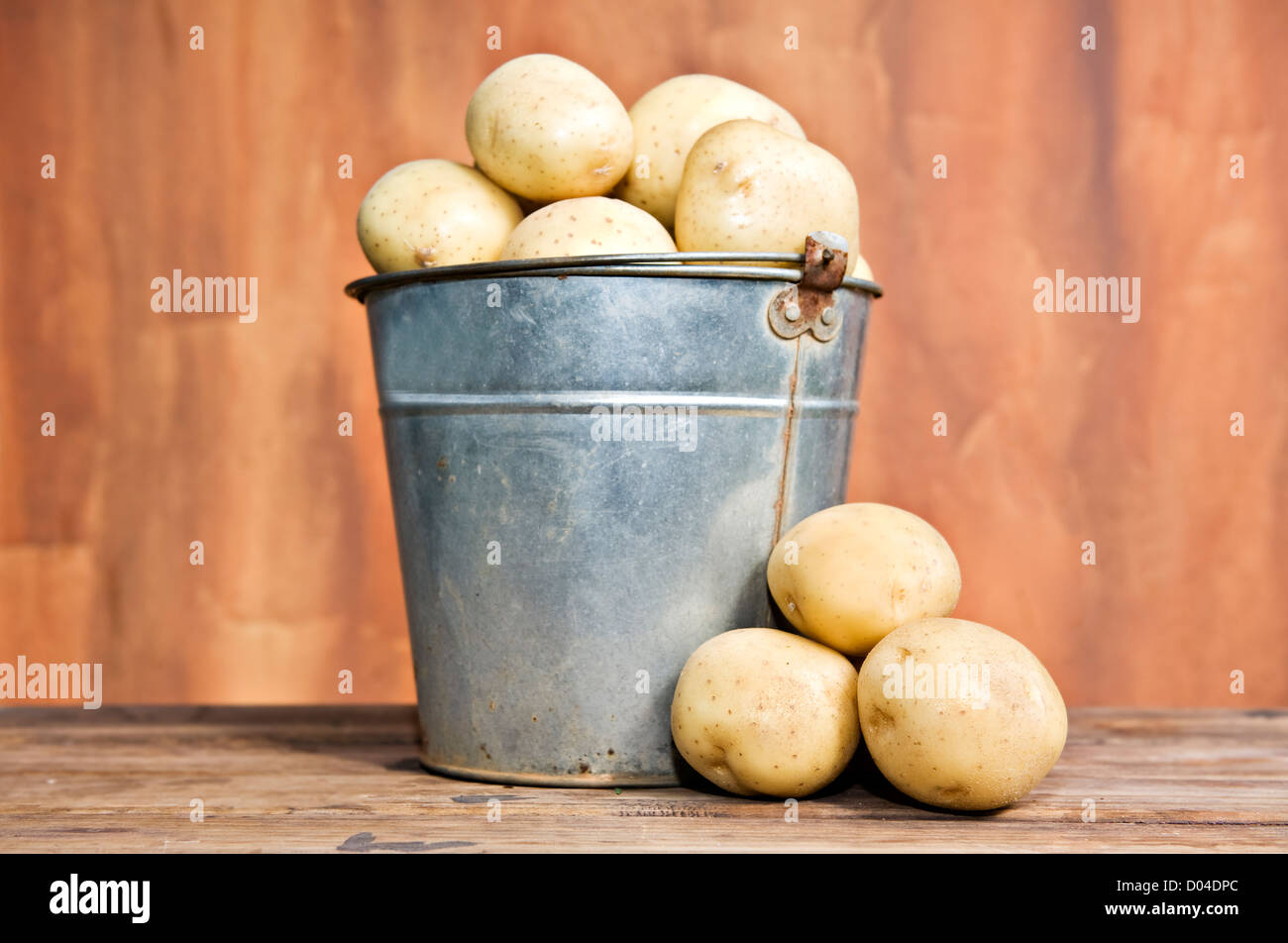 Old bucket filled with potatoes against a rustic background Stock Photo ...