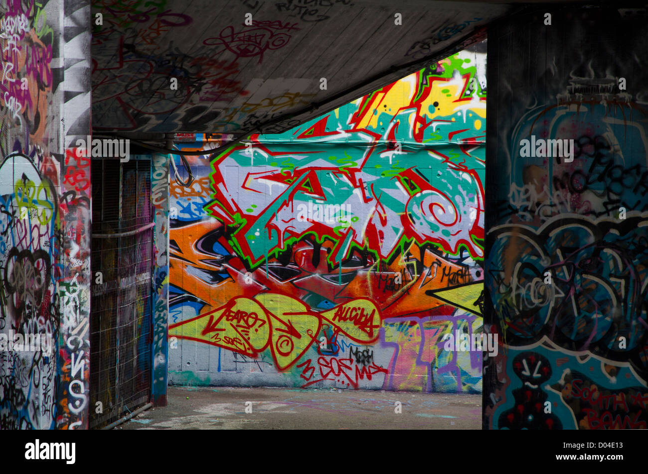 Graffiti covered walls under the National Theater, Southbank, London ...