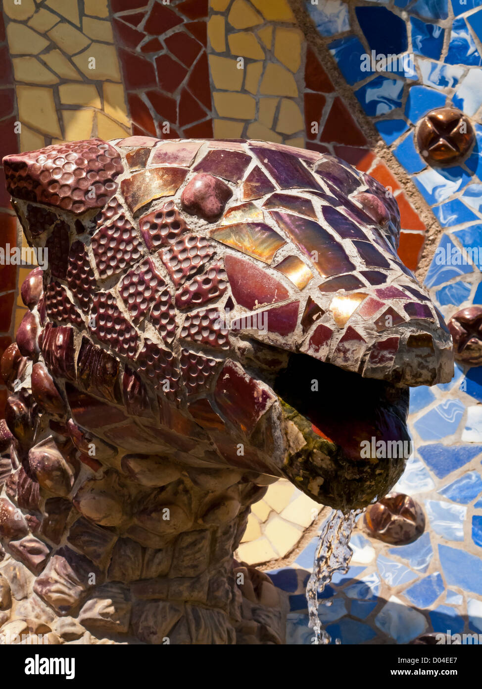 Mosaic head of an animal by Antoni Gaudi in Parc Guell Barcelona ...