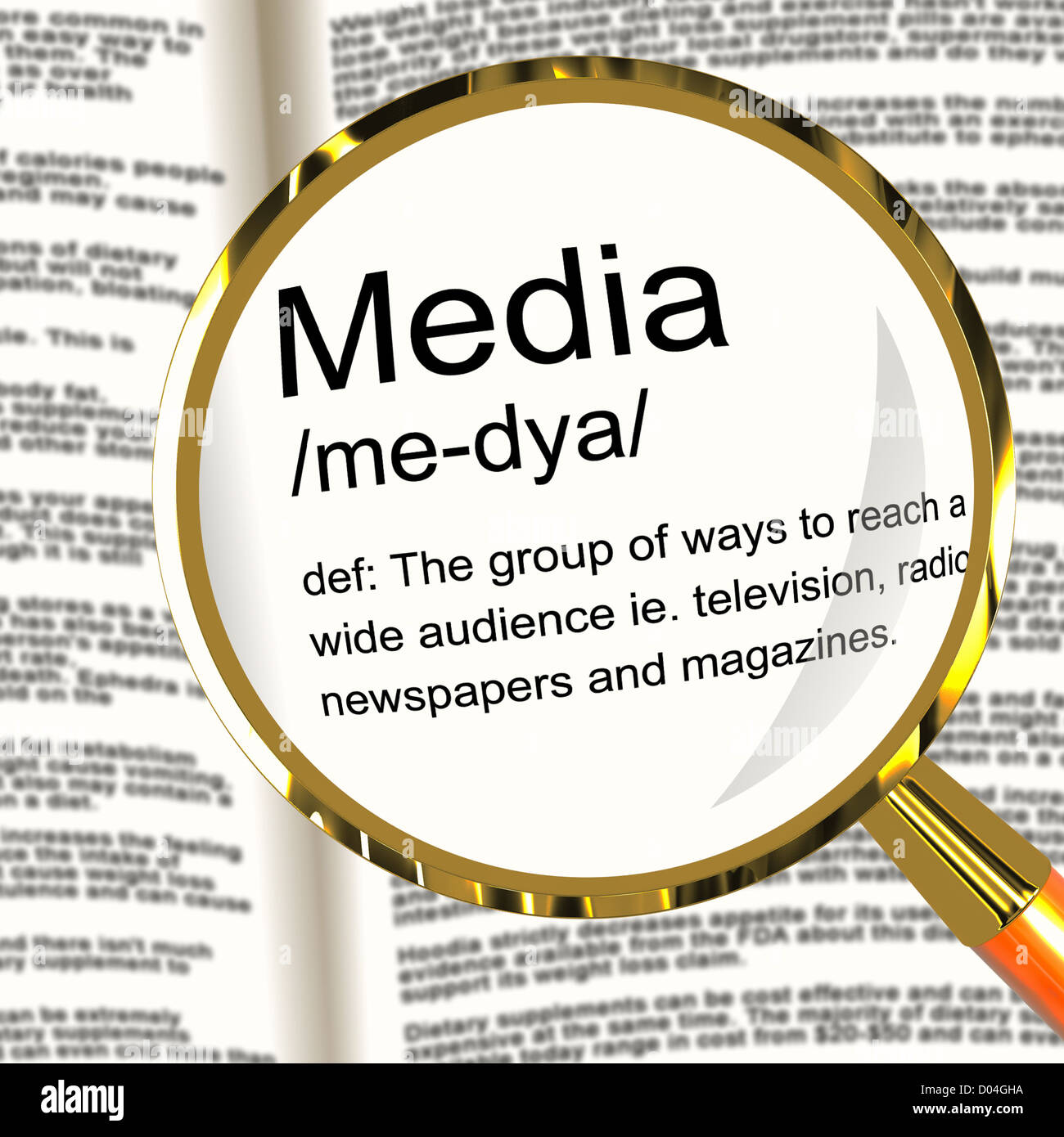 Media Definition Magnifier Shows Ways To Reach An Audience Stock Photo ...