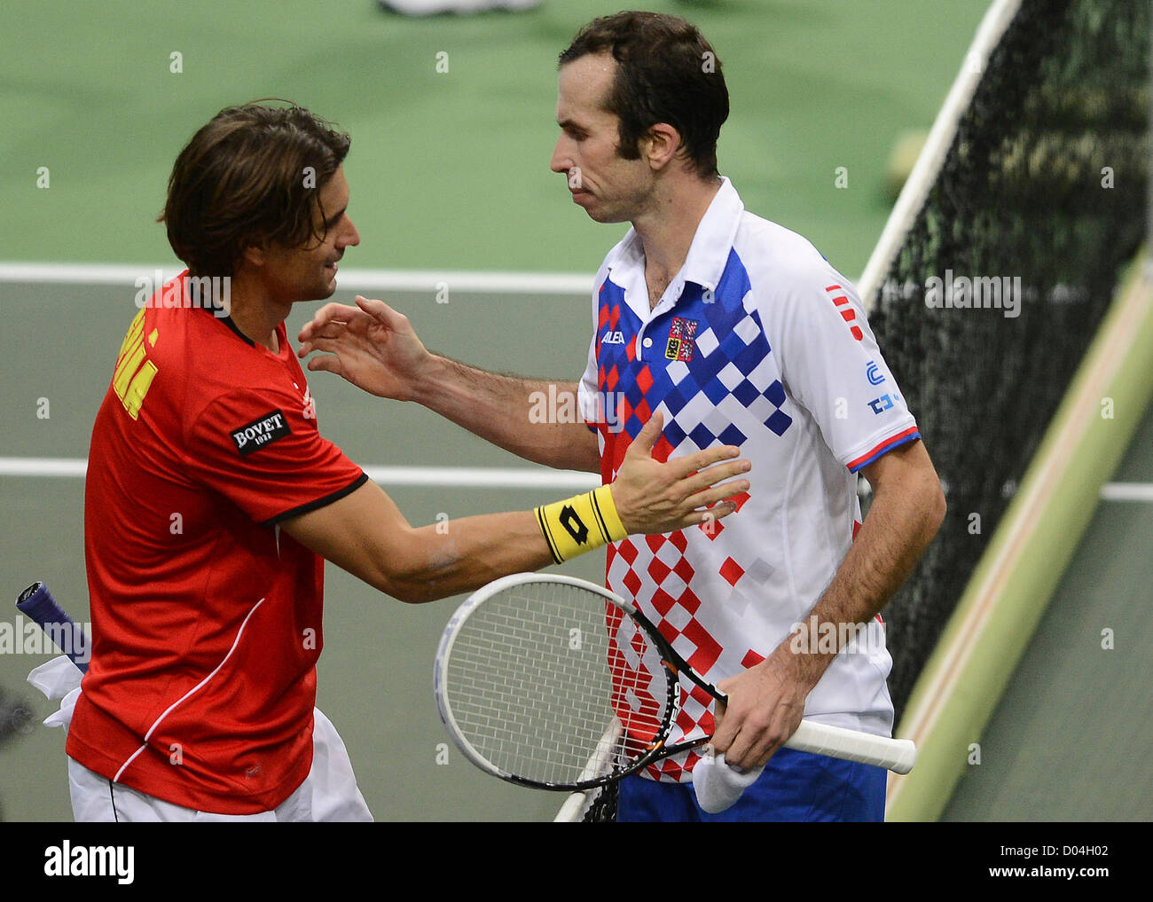 Spain's David Ferrer, left, and Radek Stepanek of Czech Republic react ...