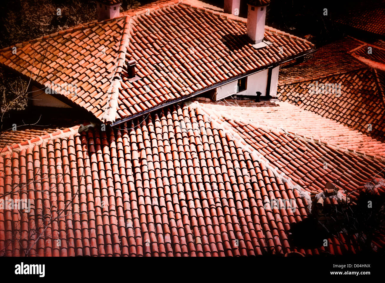 Red tile roof with chimney Stock Photo - Alamy