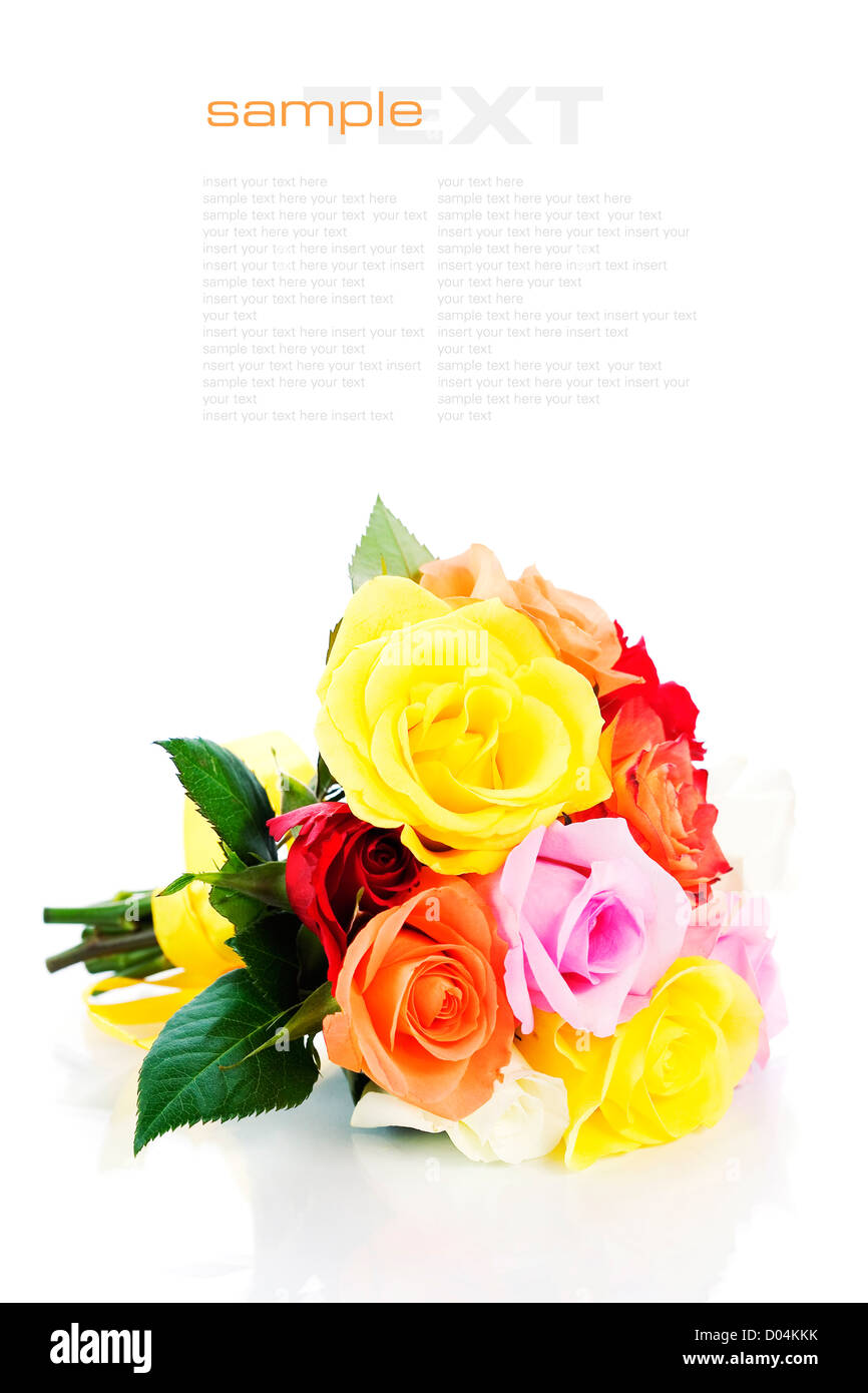 Bunch of multi-colored roses over white. Selective focus (with sample ...