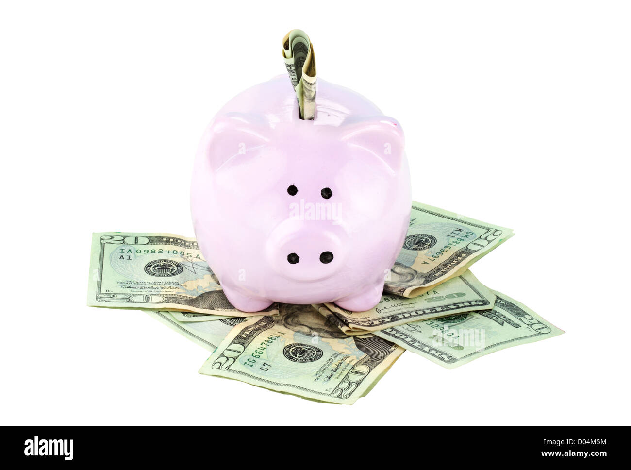 Pink piggy bank and cash isolated on a white background with clipping ...