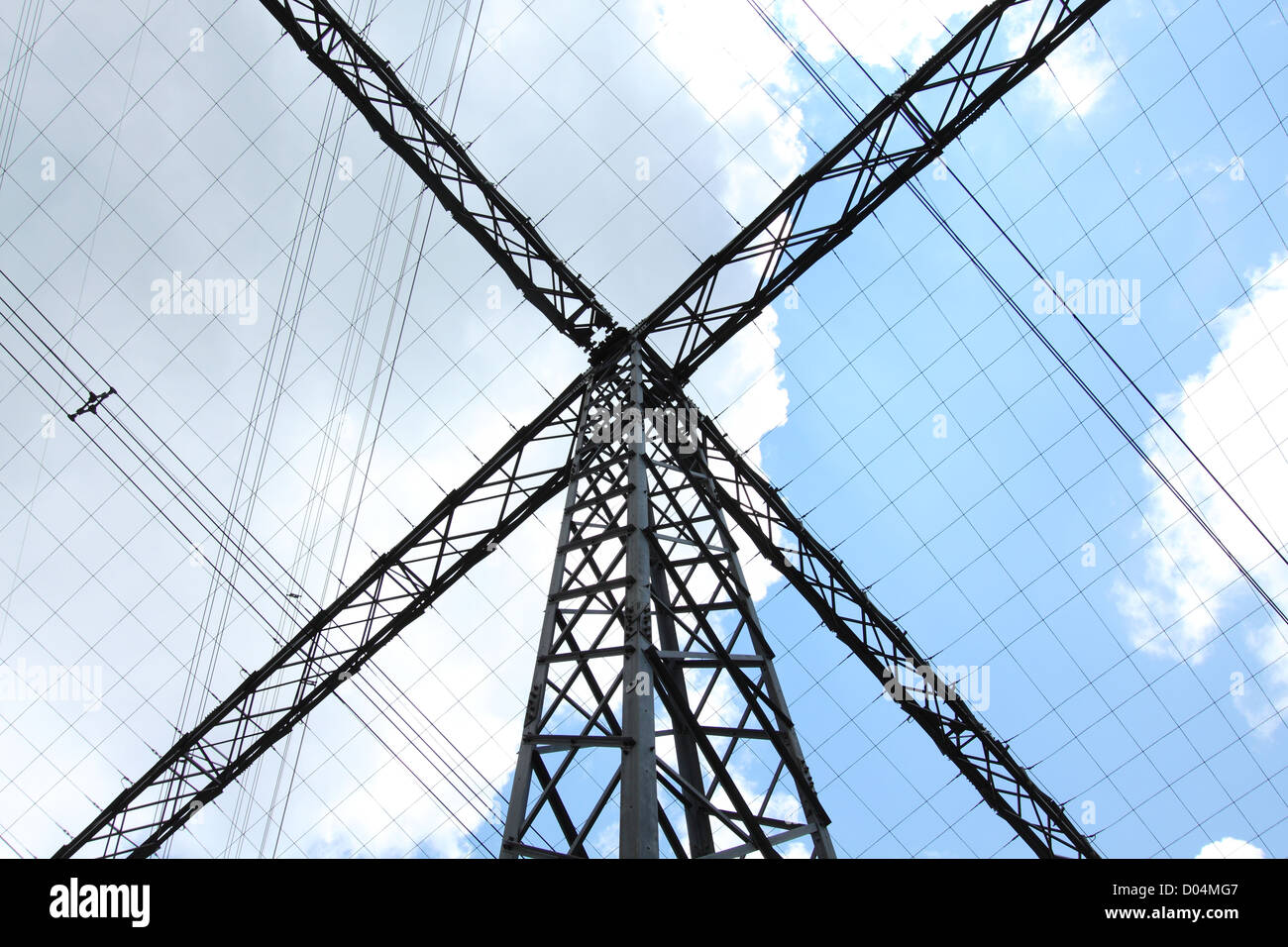 Special type of power transmission tower with cables Stock Photo - Alamy